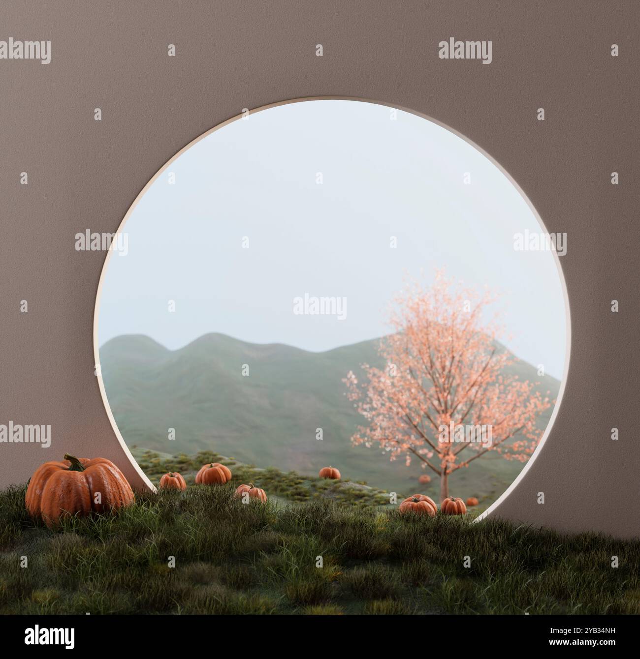 Pumpkin field behind white concrete wall with round door. View to ...