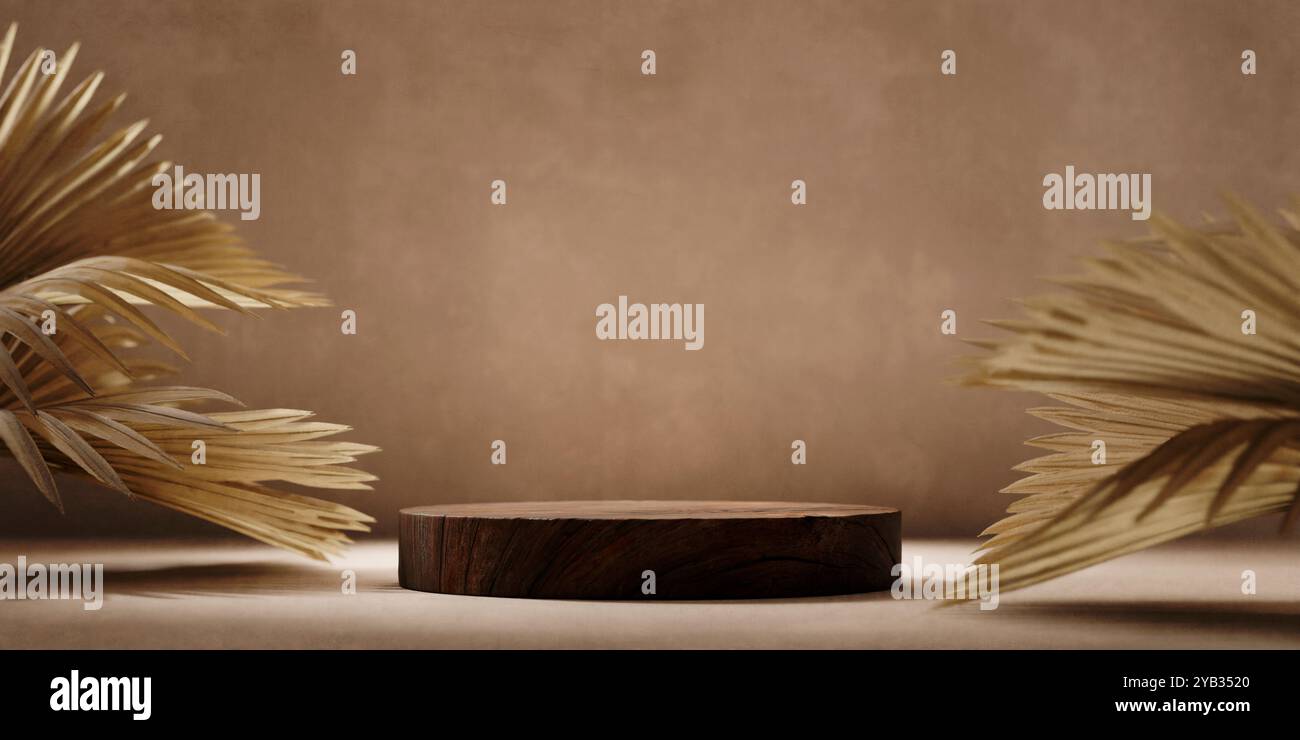 Natural wood podium with dry palm home decor n brown background ...