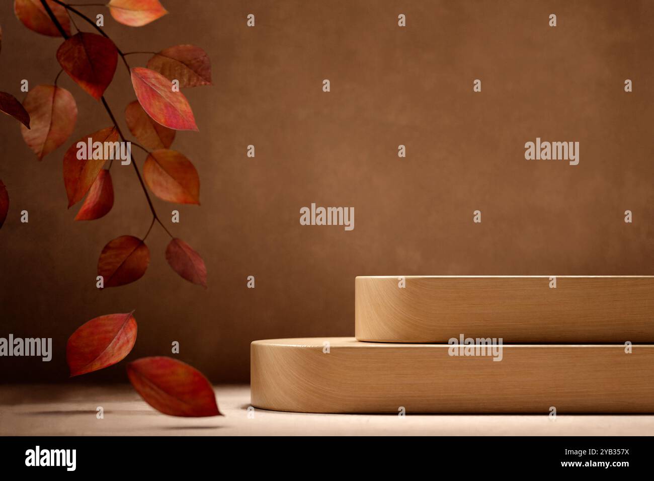 Natural wood podium and autumn leaves on brown table background. Fall ...