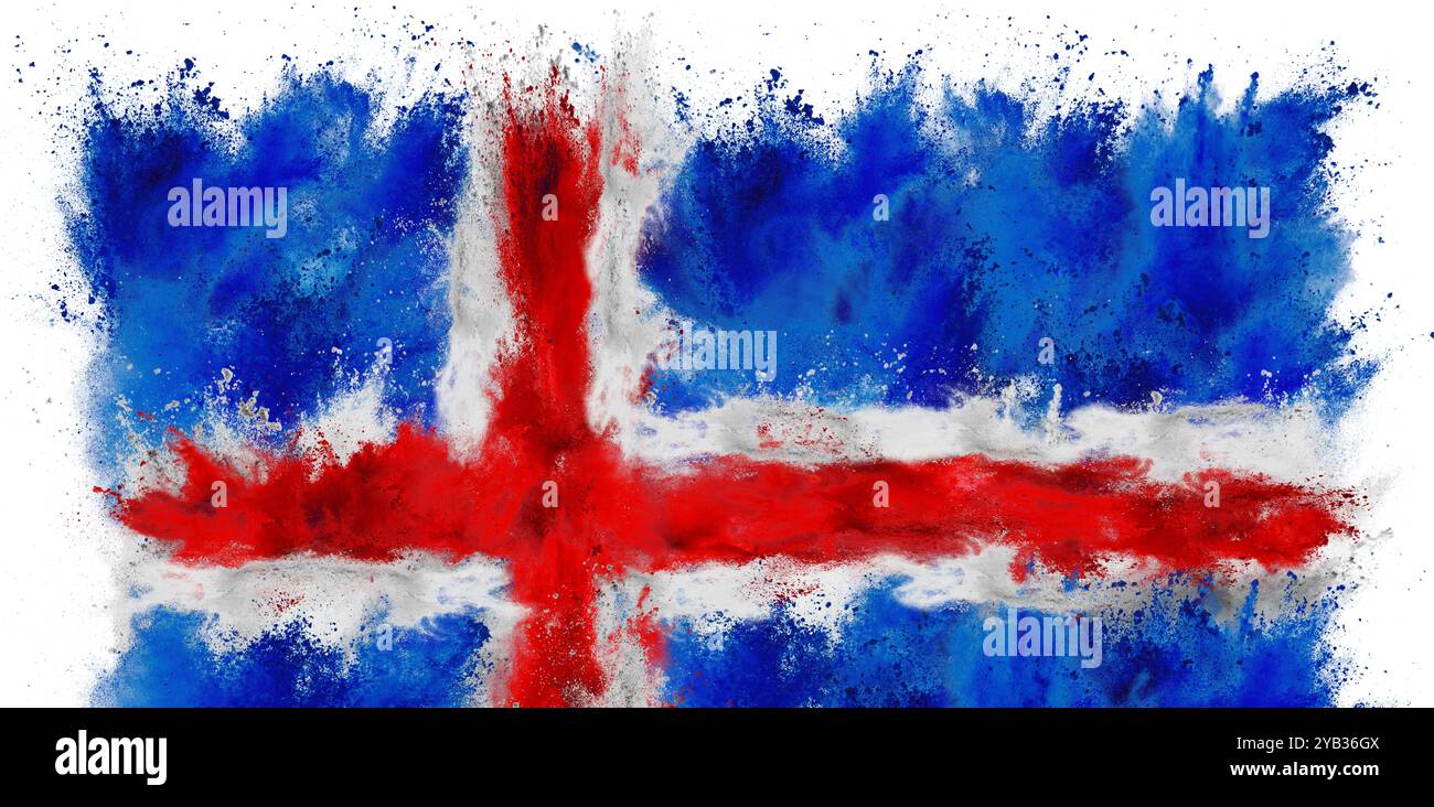 colorful flag of iceland with red blue color holi paint powder ...
