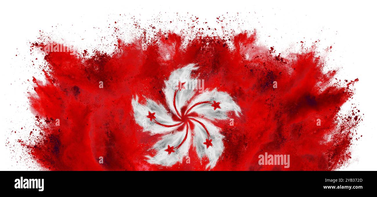 colorful flag of hong kong with white red color holi paint powder ...