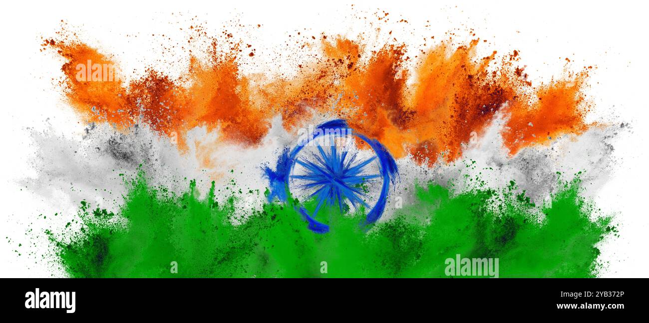 colorful flag of india with orange white green an blue color holi paint ...
