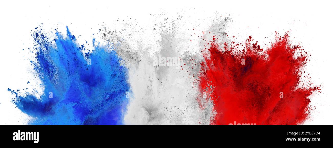 colorful flag of france with blue white and red color holi paint powder ...