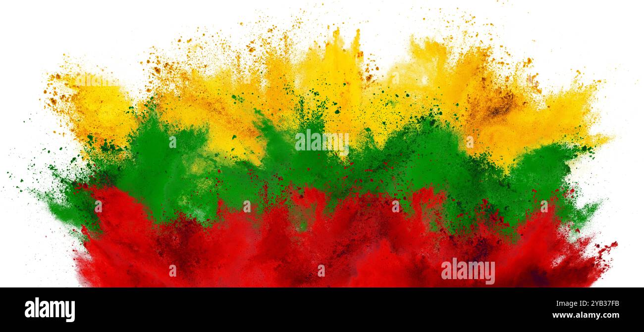 colorful flag of lithuania with yellow green and red color holi paint ...