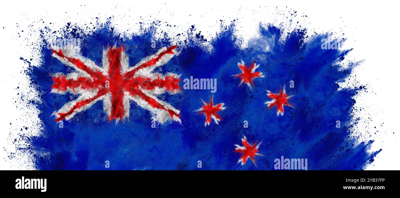 colorful flag of new zealand with stars red and blue color holi paint ...