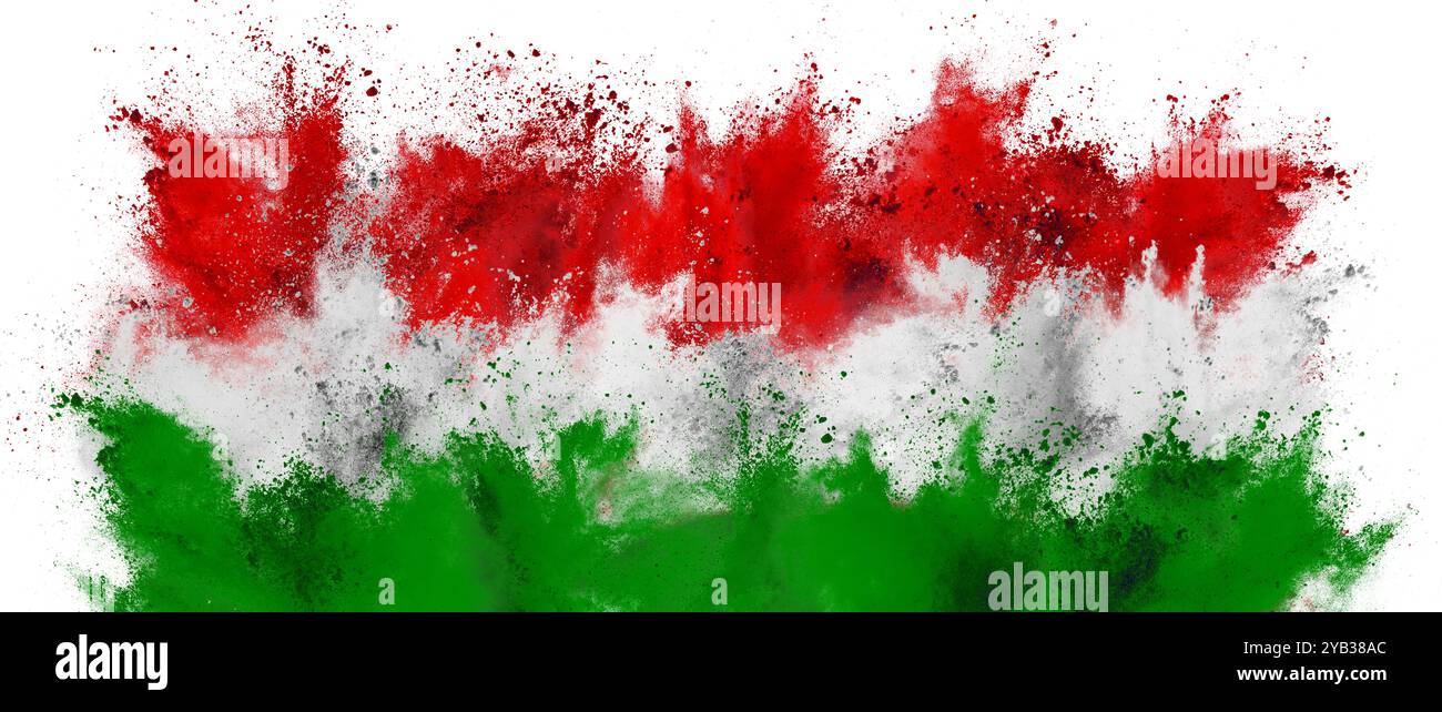 colorful flag of hungary with white green red color holi paint powder ...