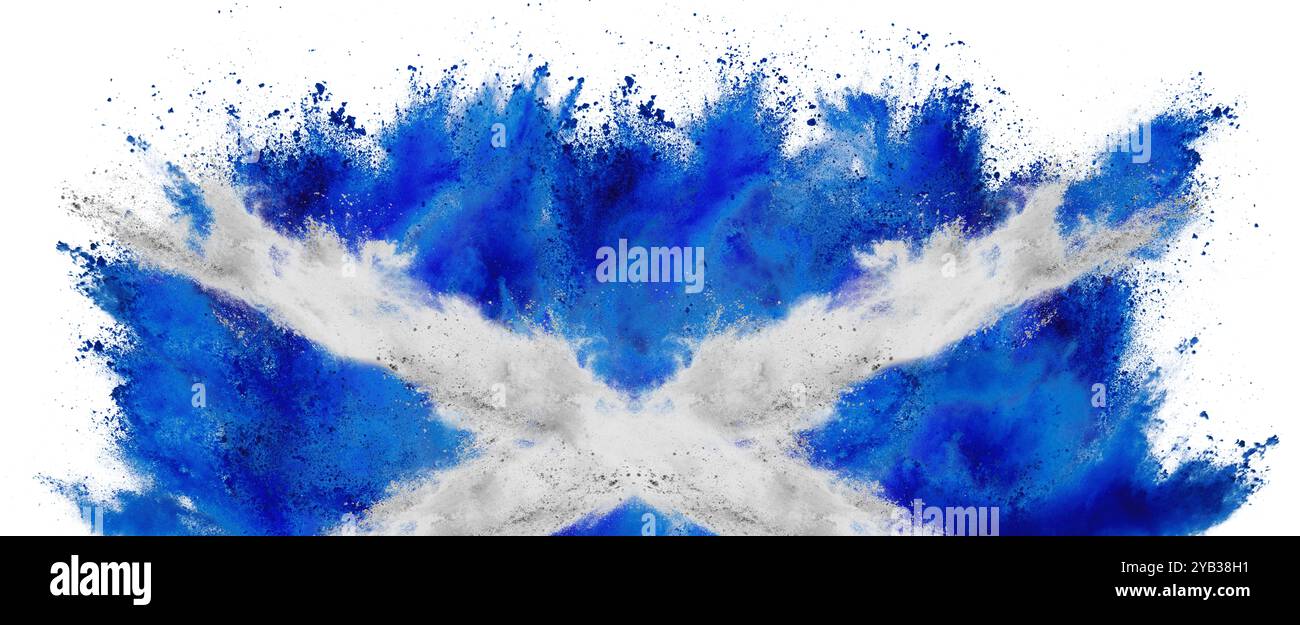 colorful flag of scotland with white cross on blue color holi paint ...