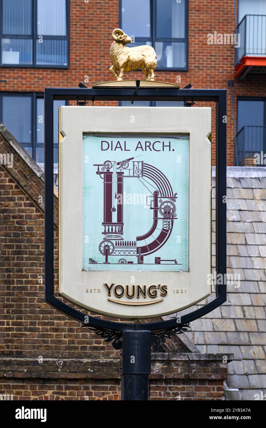 London, UK - September 19, 2024; Sign for Dial Arch pub in Woolwich ...