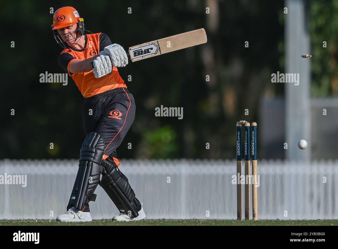 Zoe Britcliffe of Perth Scorchers is bowled out by Taneale Peschel of ...