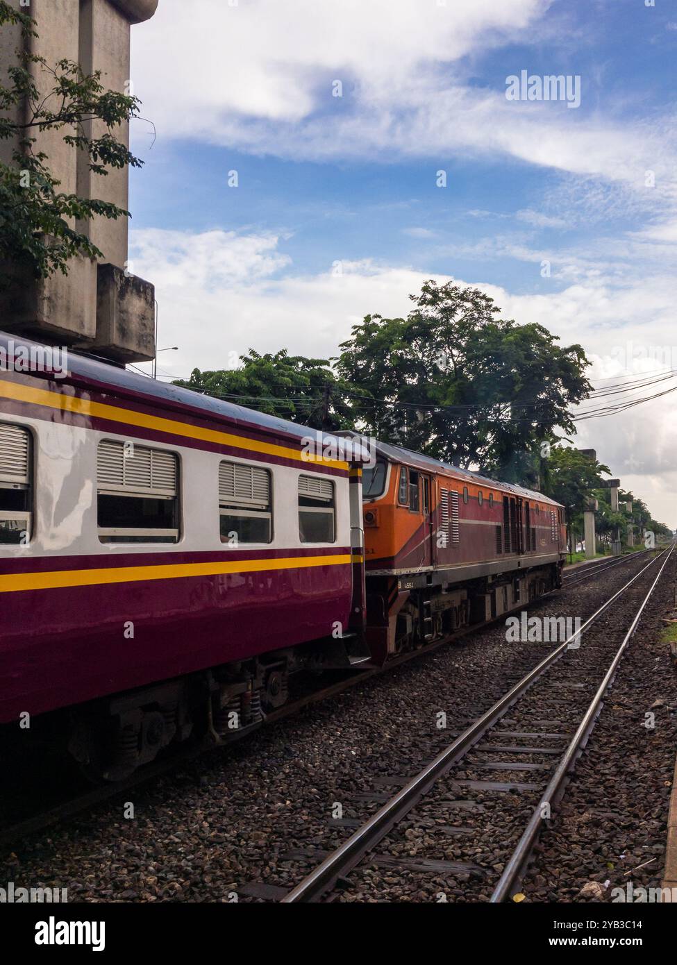 The diesel electric locomotive of the rapid train is waiting for ...