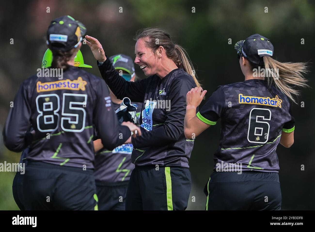 Sam Bates of Sydney Thunder celebrates taking the wicket of Ines McKeon ...