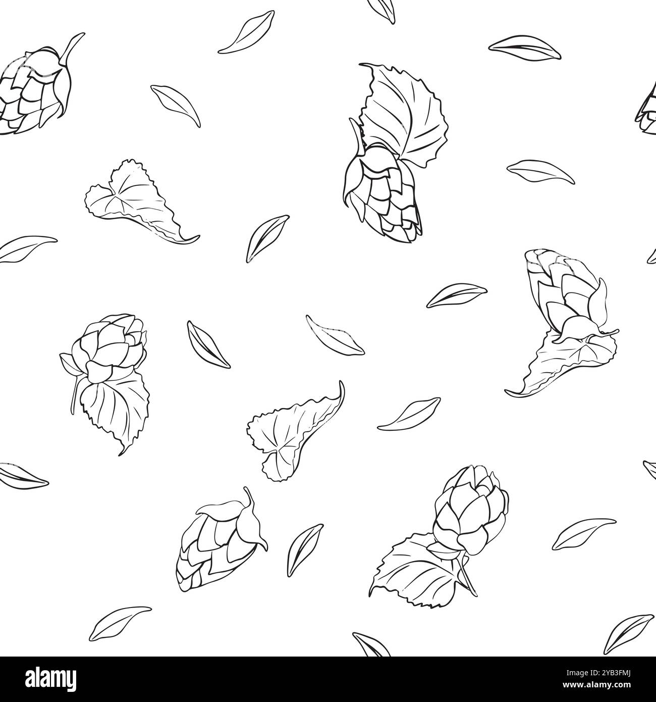 Hop cones, leaves and wheat grains monochrome vector seamless pattern ...