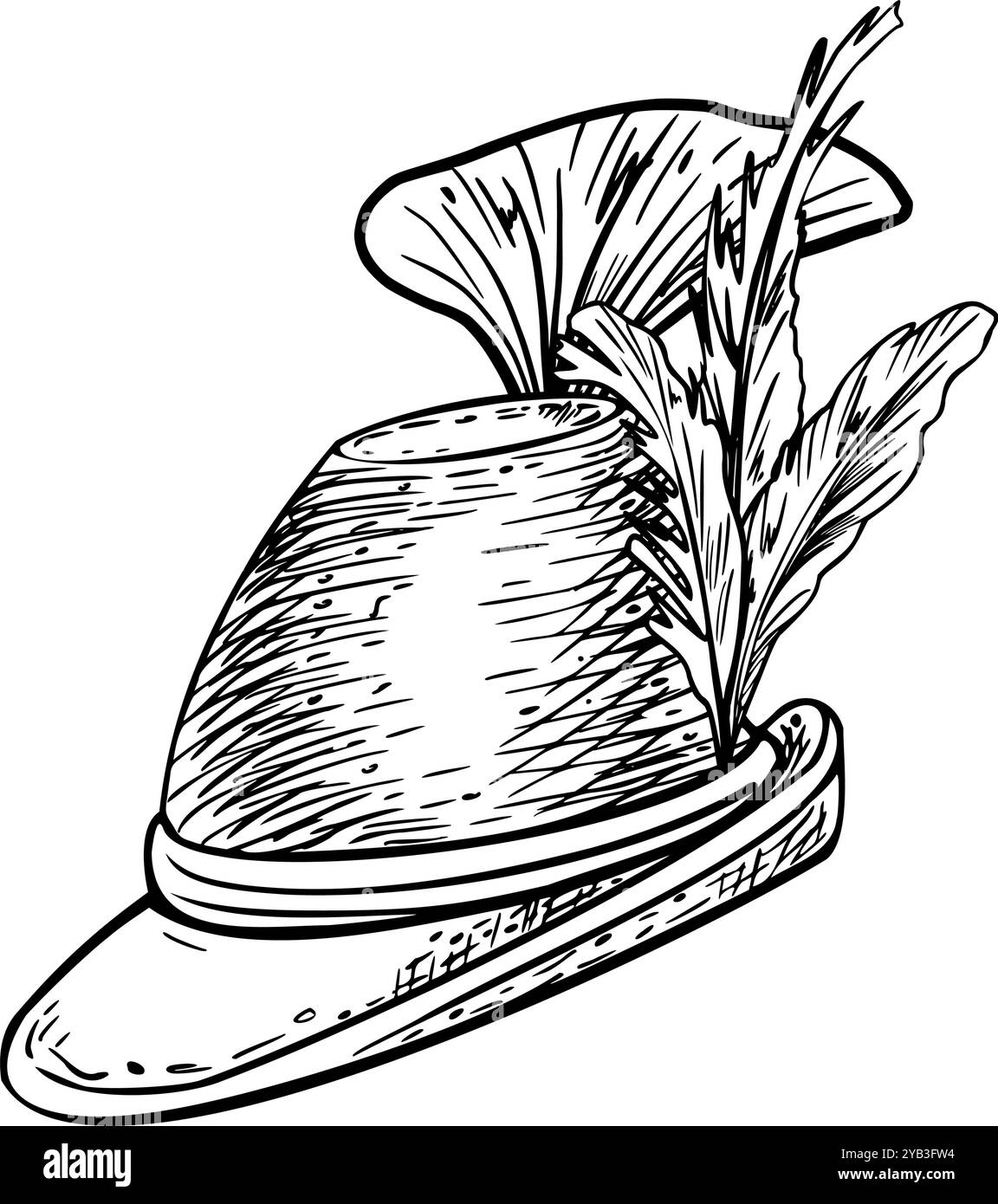 German green hat and feathers black white vector line illustration ...