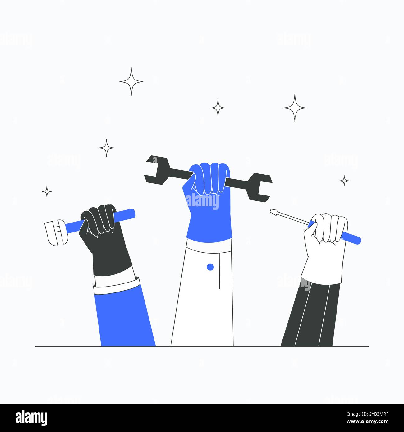Hands holding tools in flat vector illustration symbolizing teamwork ...