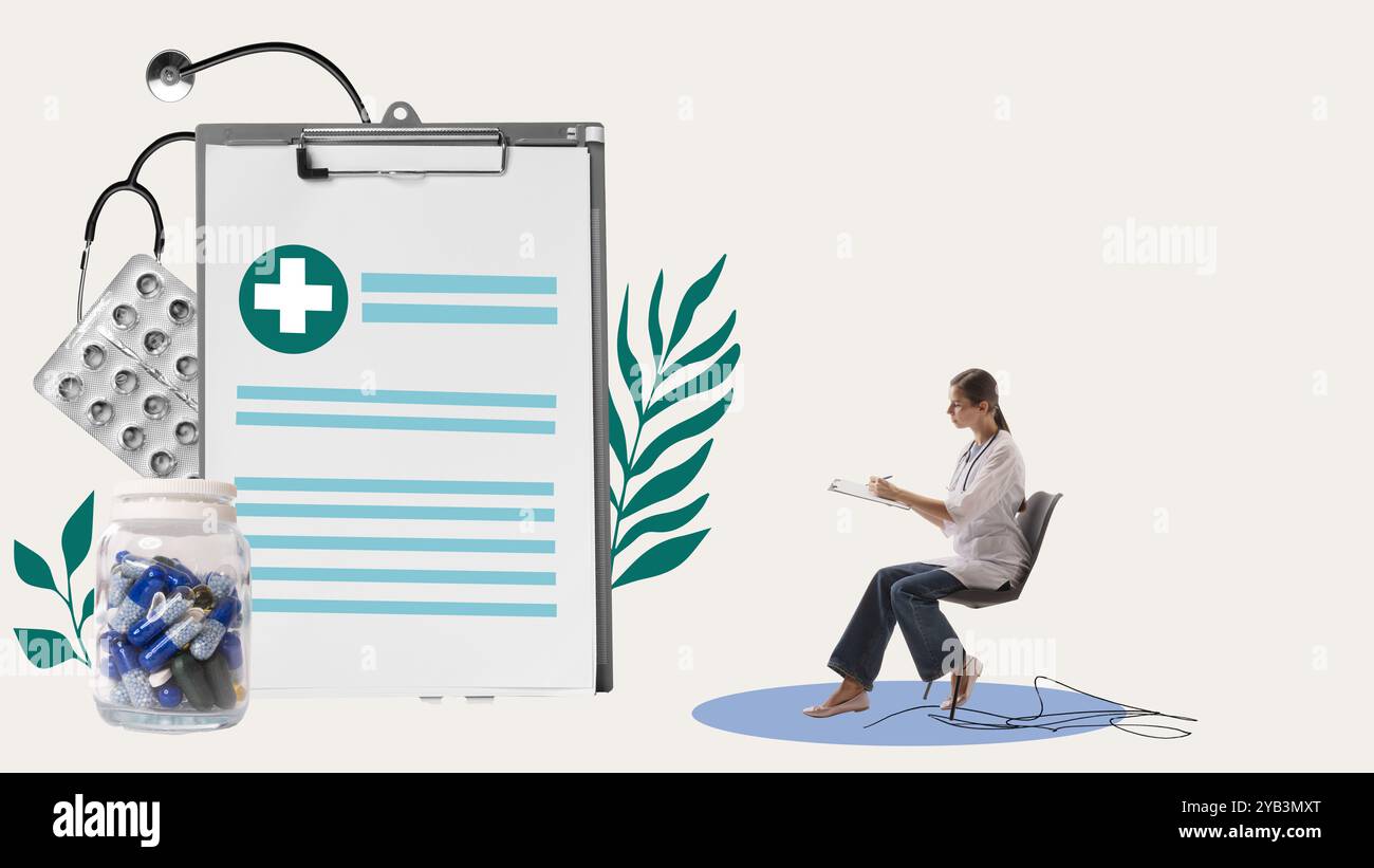 Female doctor writing notes beside large medical tools and clipboard ...