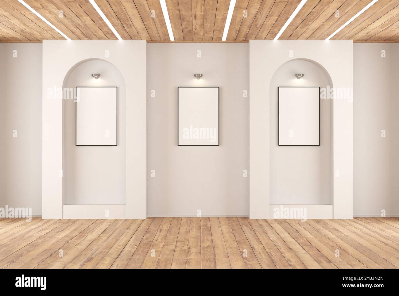 Modern art gallery interior with three vertical mockup posters hanging ...