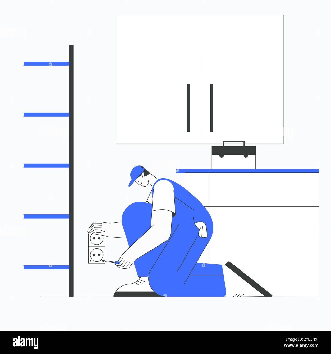 Man fixing an electrical socket in flat vector illustration symbolizing ...