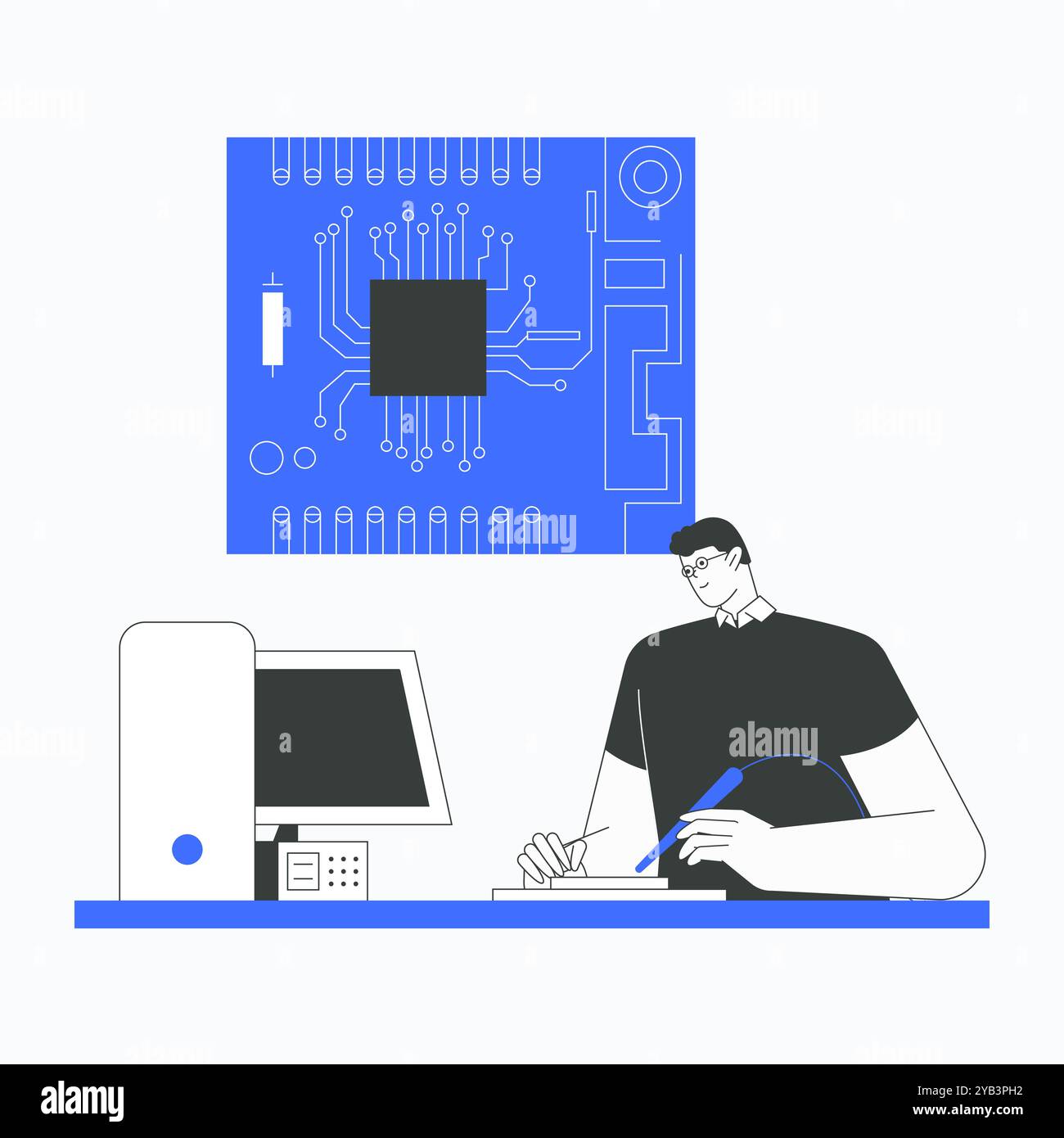 Man working at desk with microchip illustration symbolizing technology ...