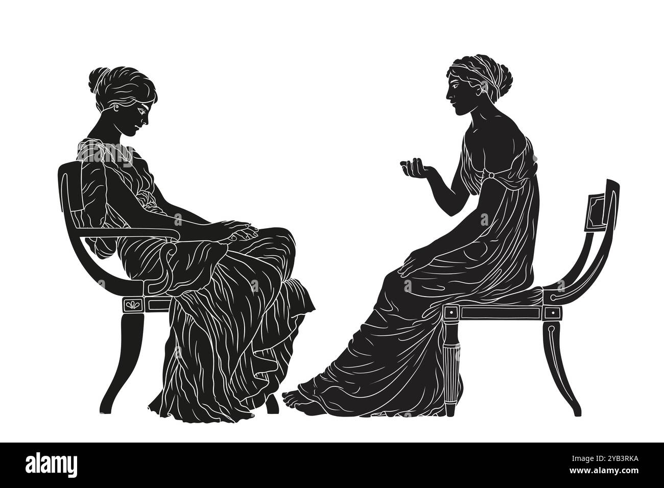 Two ancient Greek women in tunics are sitting on chairs and talking ...