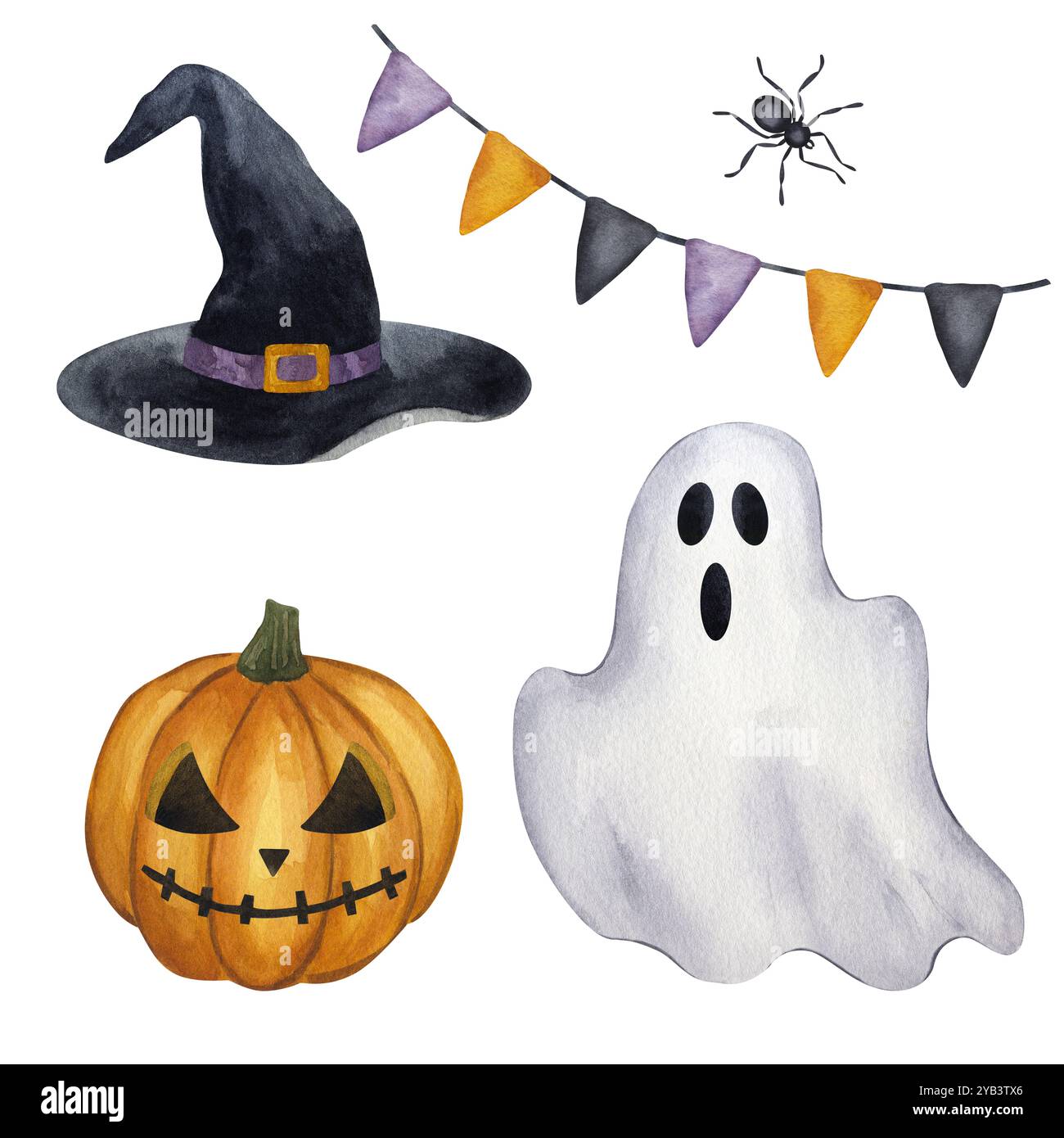 Halloween art set. Jack o Lantern, carved orange pumpkin, white ghost ...