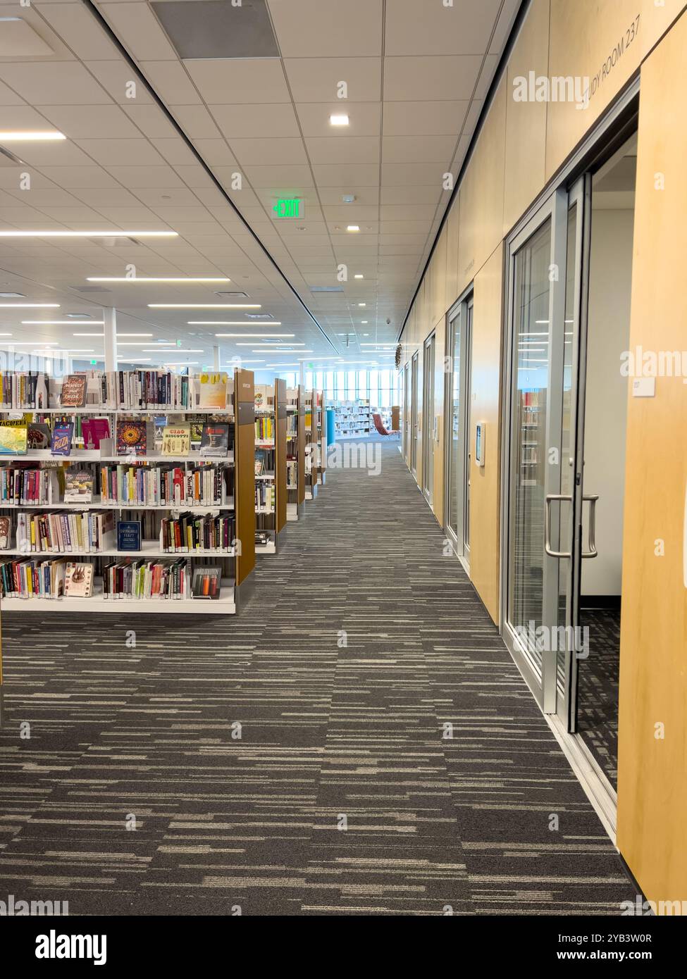 Library Hallway with Study Rooms and Bookshelves Alongside Stock Photo ...