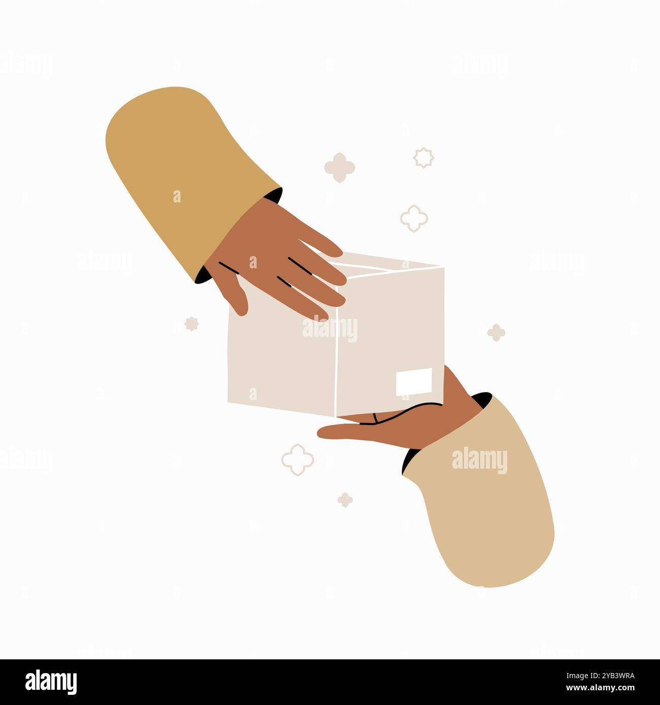 Hands exchanging a package in flat vector illustration symbolizing ...