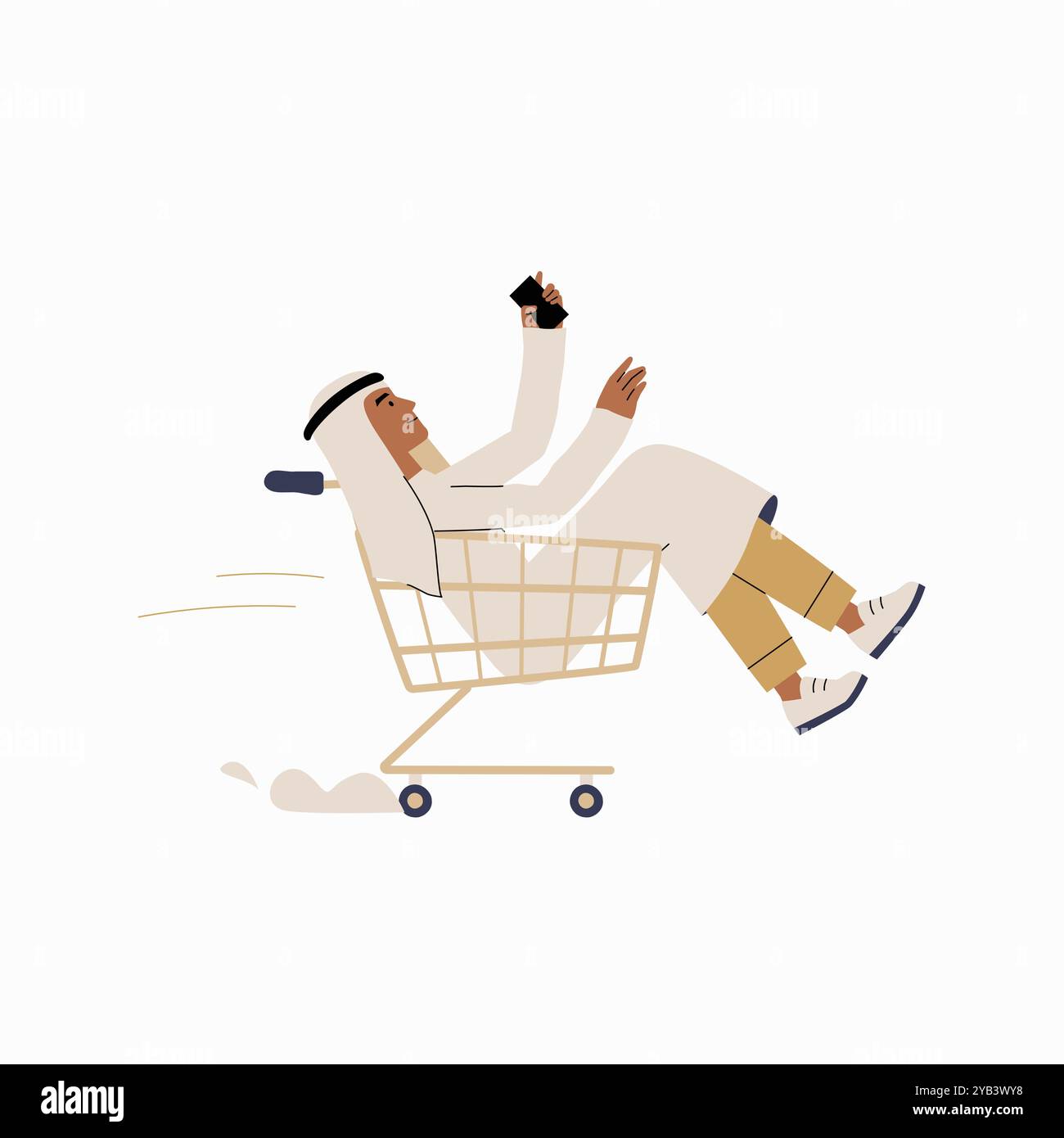 Muslim man riding in a shopping cart in flat vector illustration ...