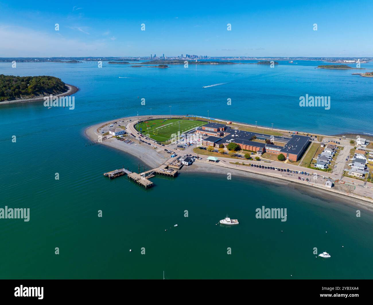 Pemberton Point aerial view including Hull High School football field in Hingham Bay in Boston ...