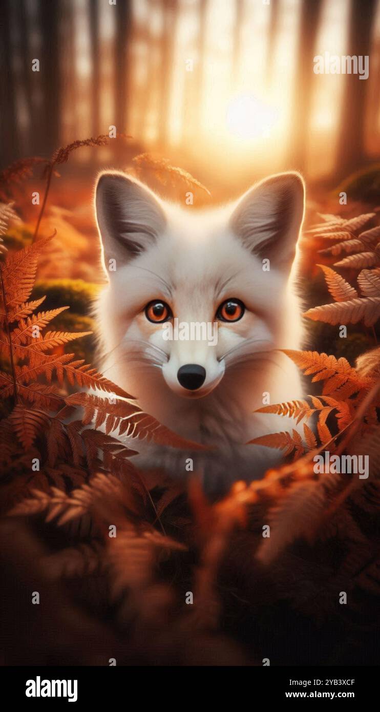 A white fox with bright eyes peeks through orange ferns in a sunlit ...