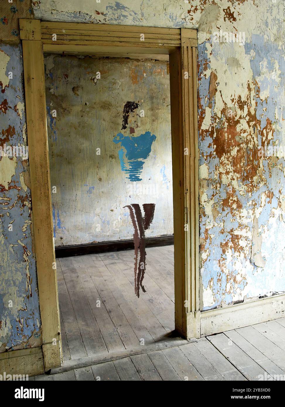 A ghostly female figure appears to emerge from the peeling walls of an ...
