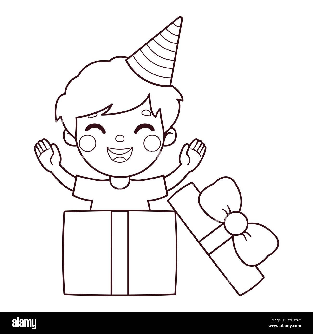 Happy boy and gift box. Coloring page. Vector outline illustration ...