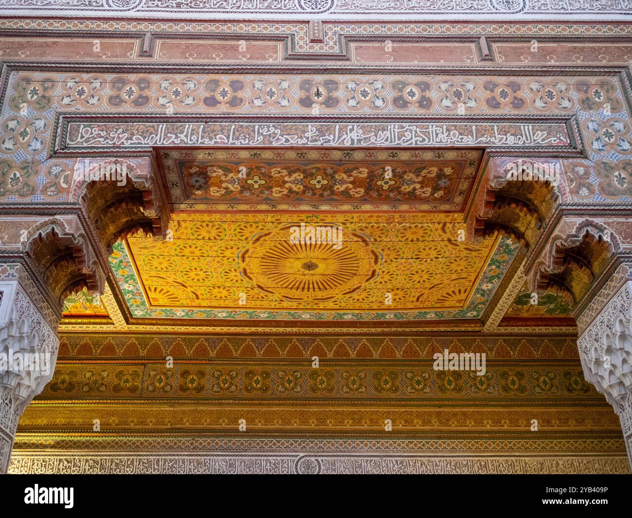 Detail of a wooden painted and inlaid ceiling of an alcove of the Grand ...