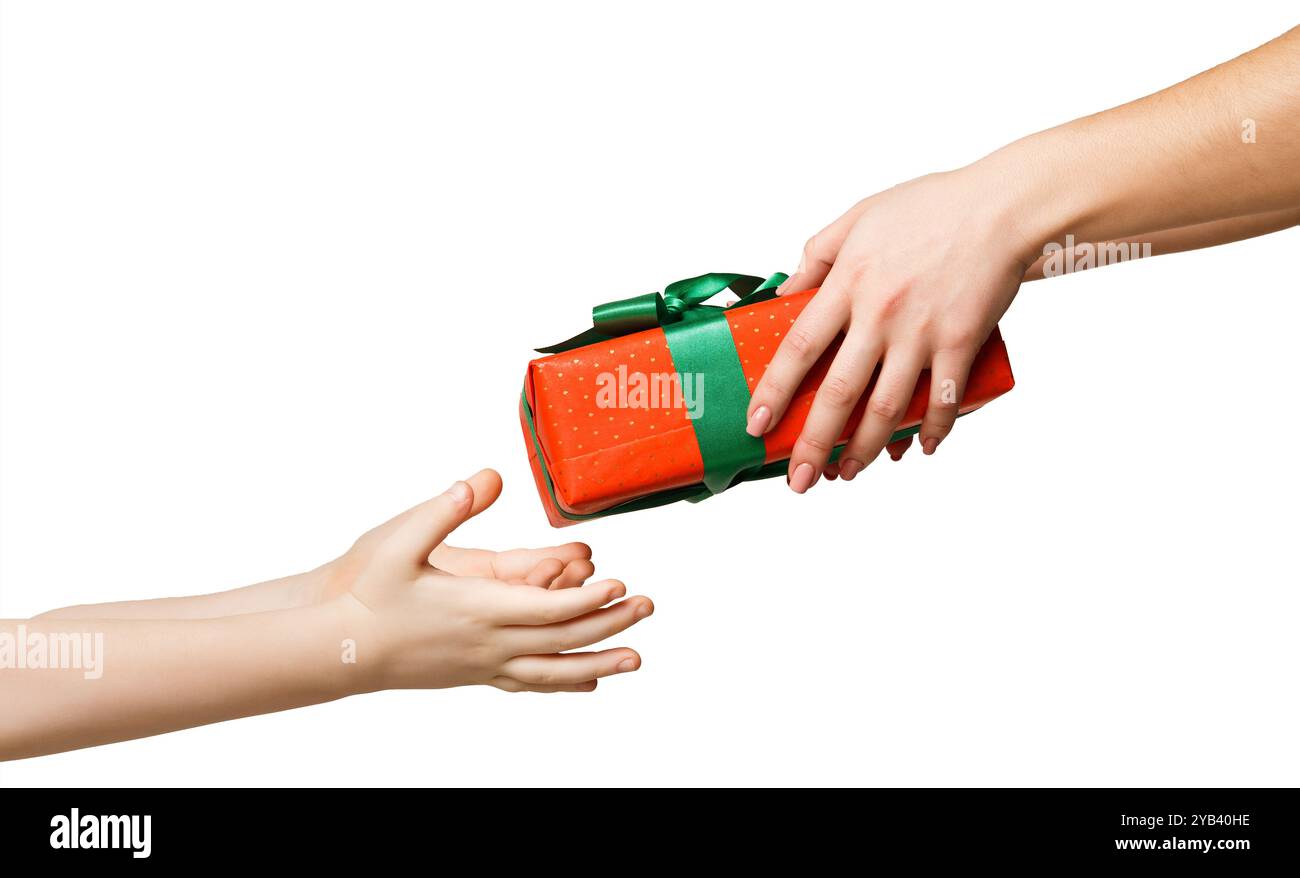 Female hand give present to kid, isolated on white Stock Photo - Alamy