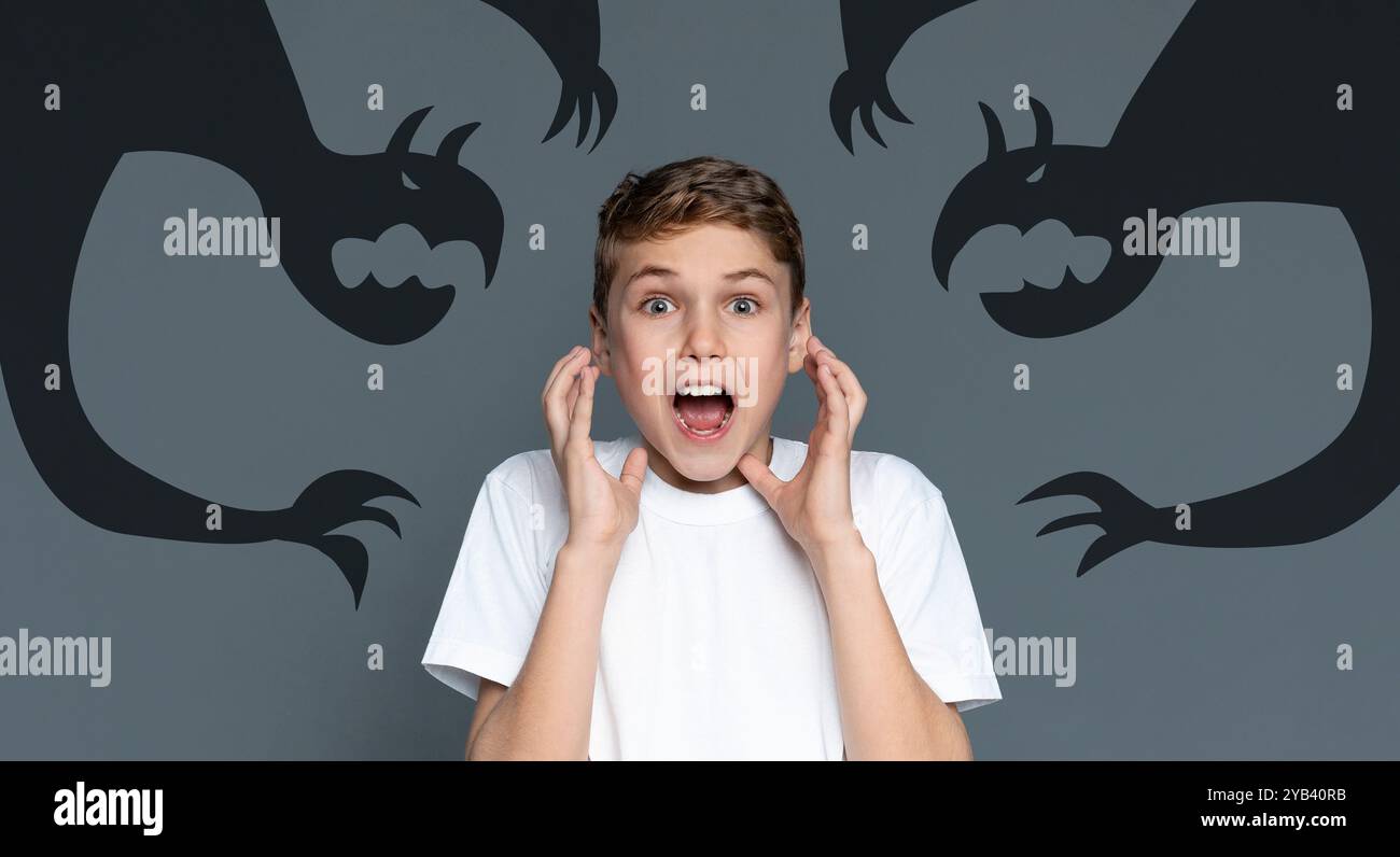 Screaming Teen Boy Scared Of Shadow Monsters Drawn Around Him, Collage ...