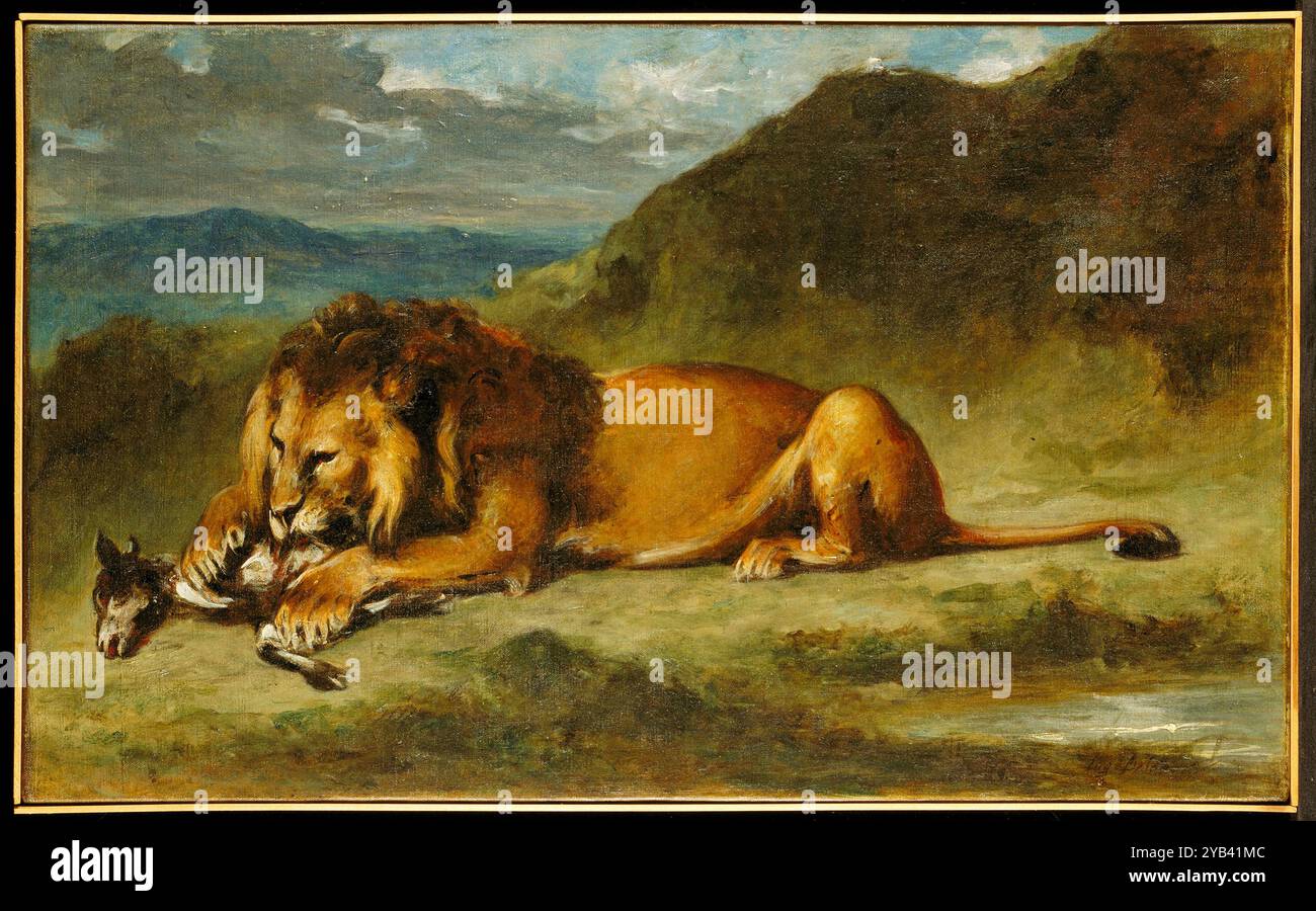 Lion Devouring a Goat. Imitator of Eugène Delacroix. Mid 19th century ...