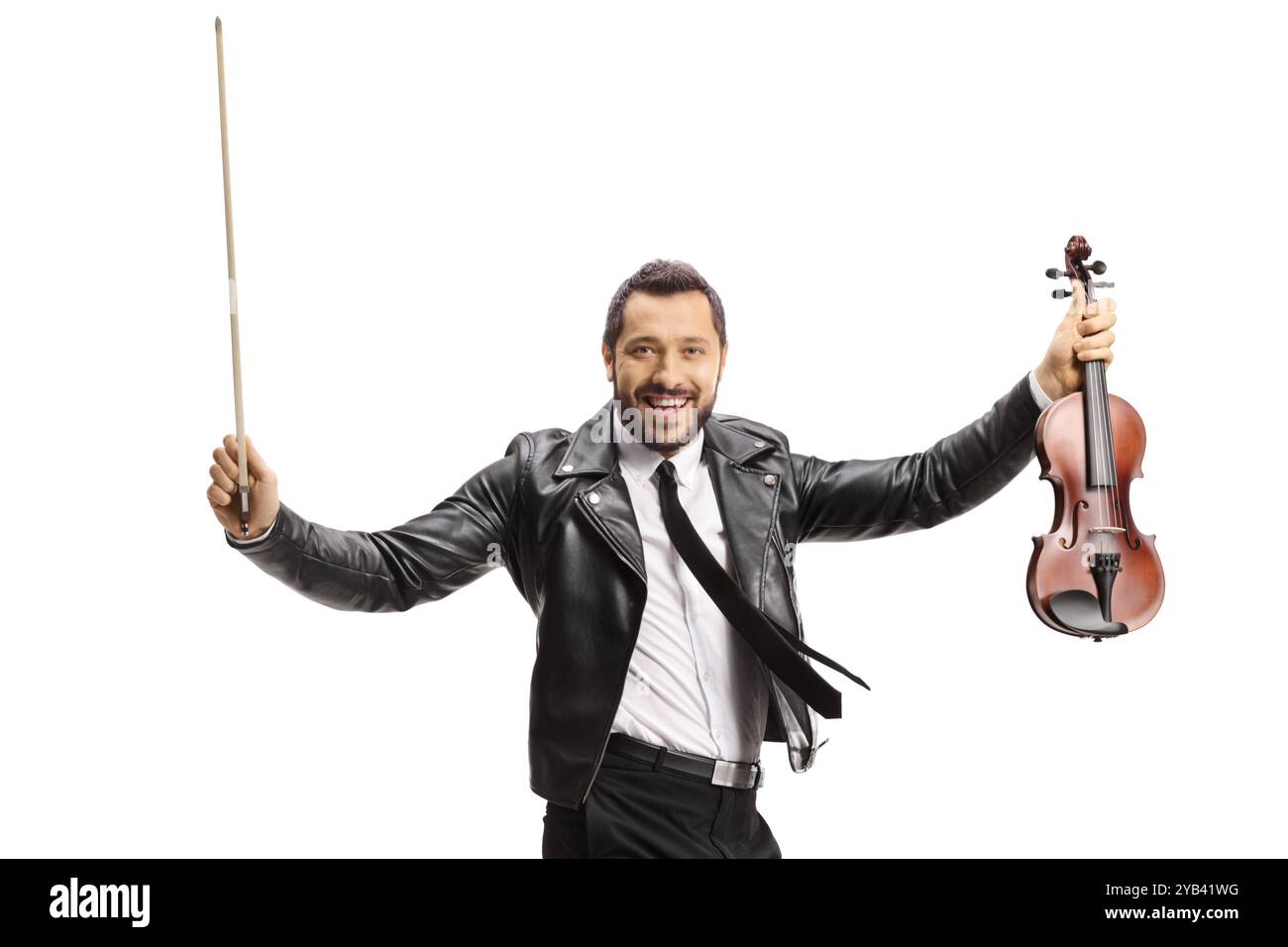 Modern male violinist holding a violin and jumping isolated on white ...