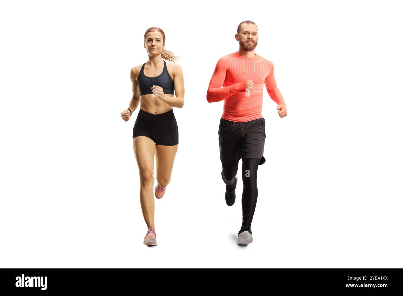 Man and woman jogging towards camera isolated on white background Stock ...