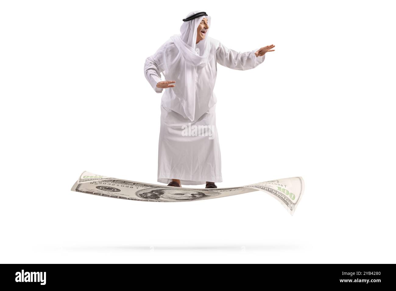 Rich arab man flying on money isolated on white background Stock Photo ...