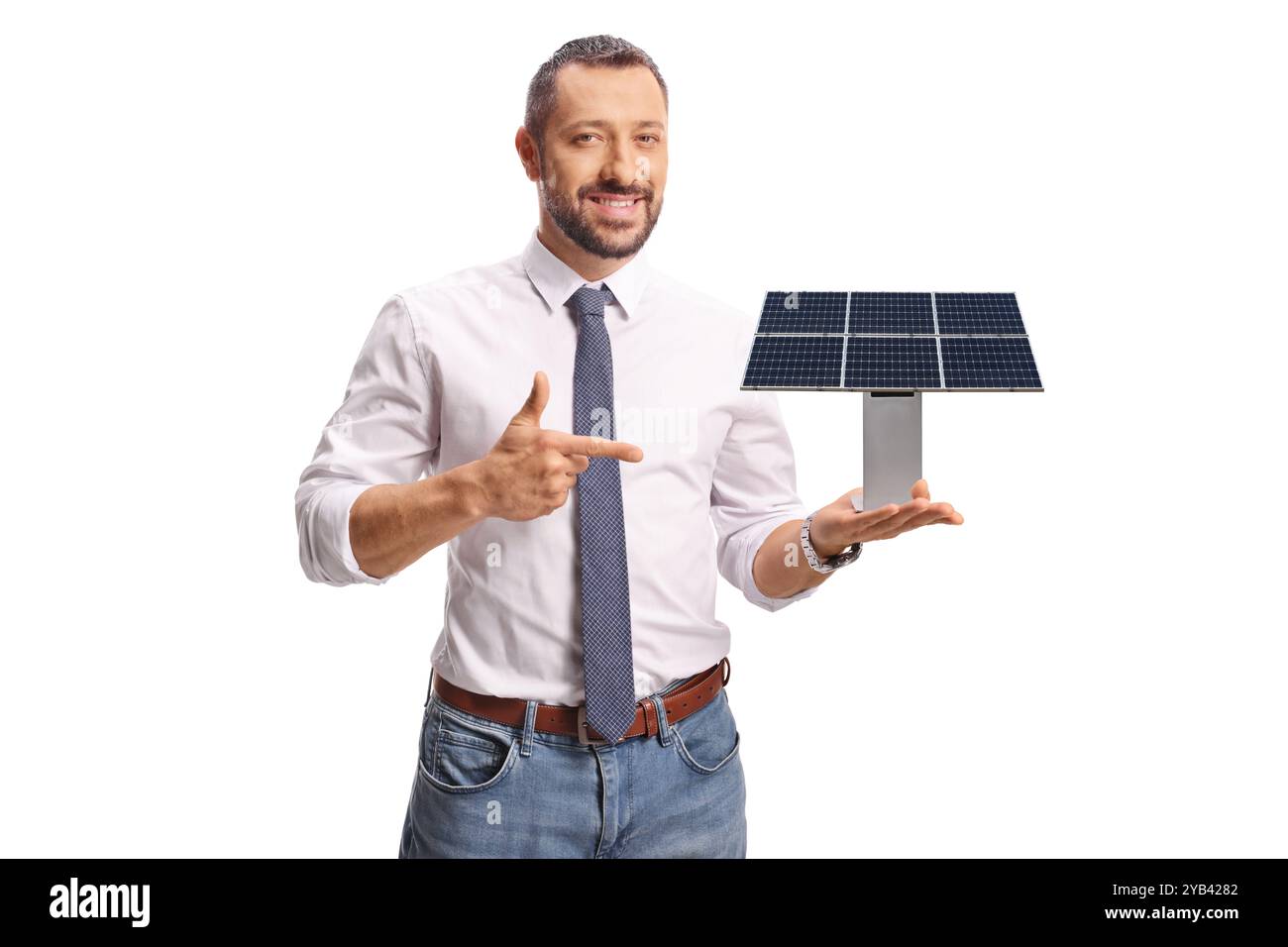 Professional man holding a small solar panel model and pointing ...