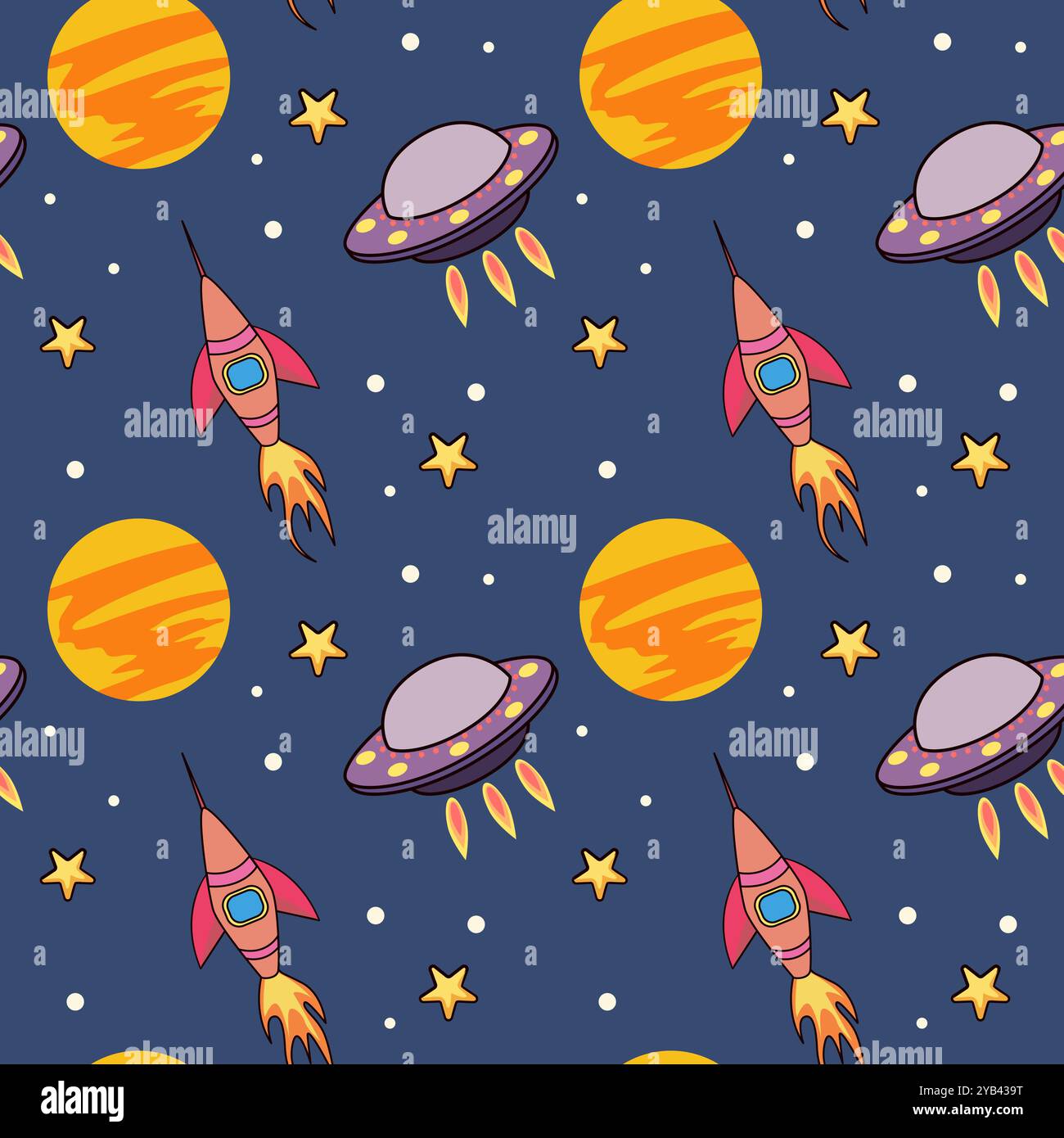 Seamless childish space galaxy pattern with spaceships and planet Mars, rocket, ufo, stars on ...