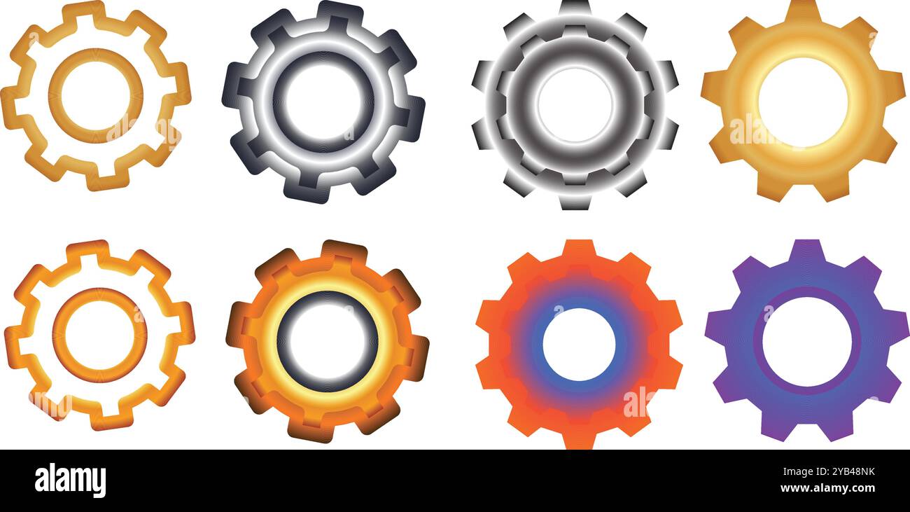 Set of eight setting icons logos with silver golden orange yellow and ...