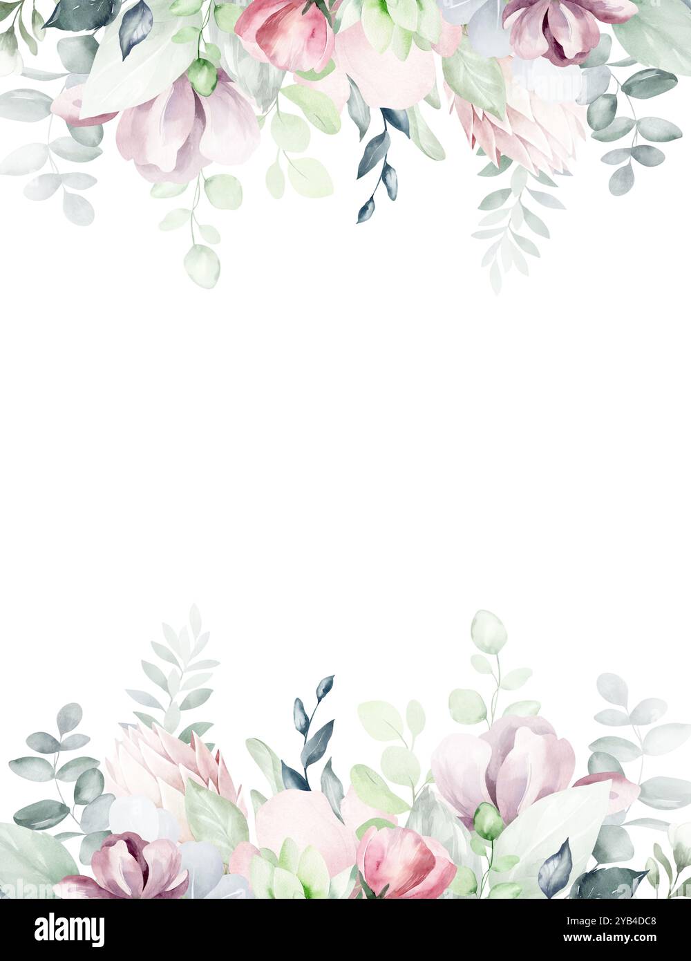 Watercolor Floral frame with dim roses and muted leaves eucalyptus ...