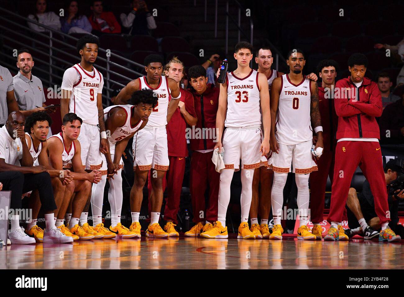 LOS ANGELES, CA - OCTOBER 15: The USC bench looks on during the college ...