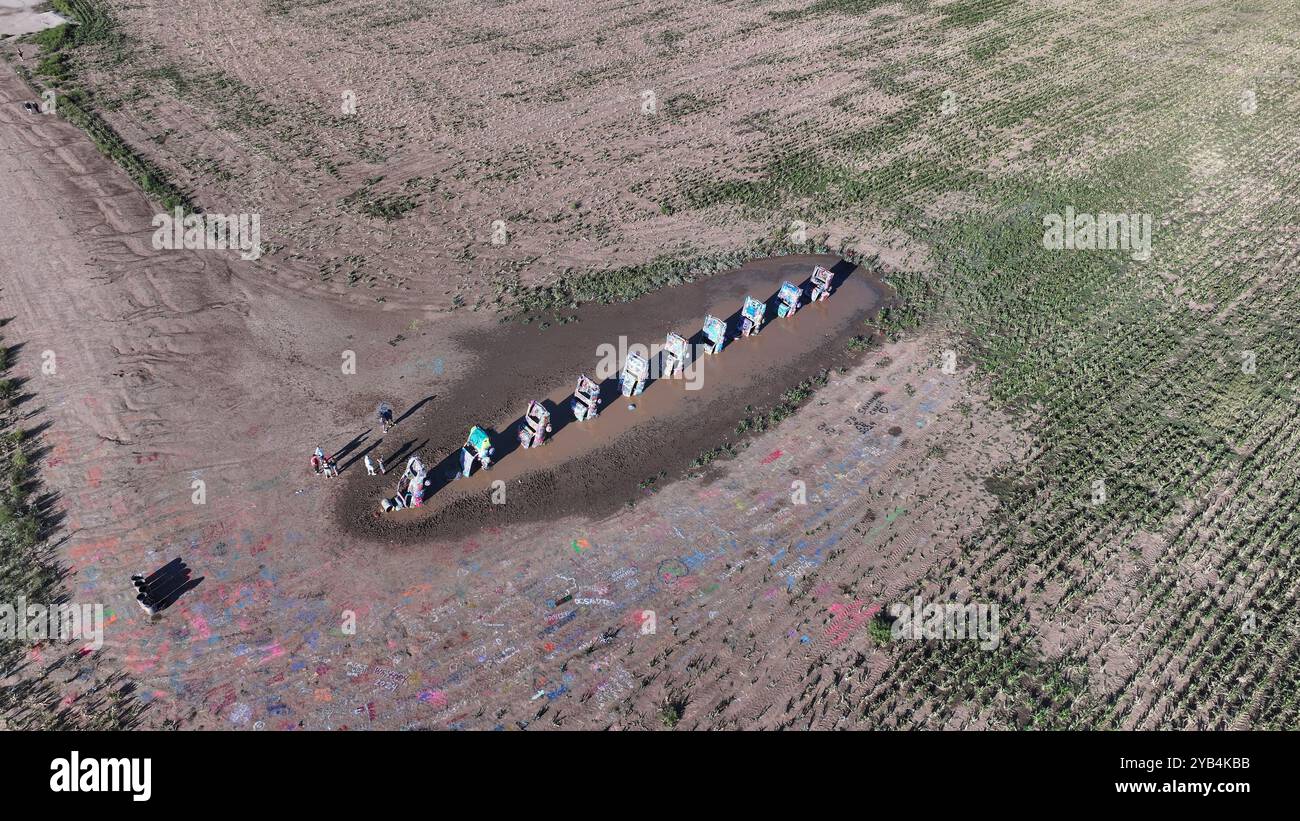 Aerial view of a flooded out Cadillac Ranch in Amarillo, Texas Stock ...