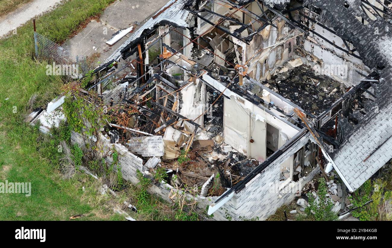 Aerial view of torn open house in the abandoned town of Picher ...