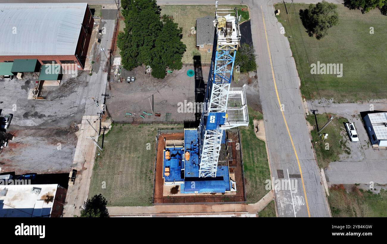 Aerial view of Parker Drilling Rig 114 on a street corner in Elk City ...