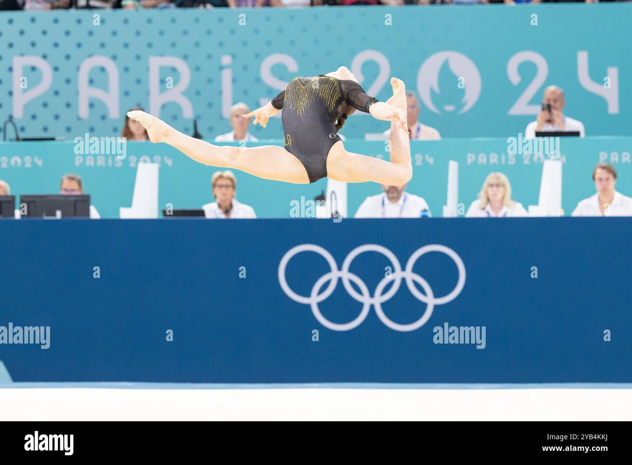 August 01, 2024: Kaylia Nemour of Algeria performs on floor in the ...