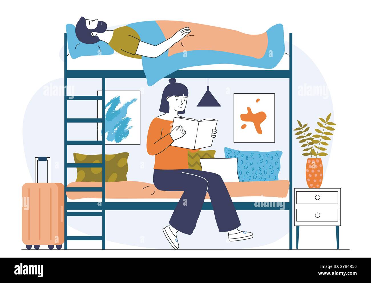 People with bunk bed. Man and woman sleep on bunk bed. People in hotel ...