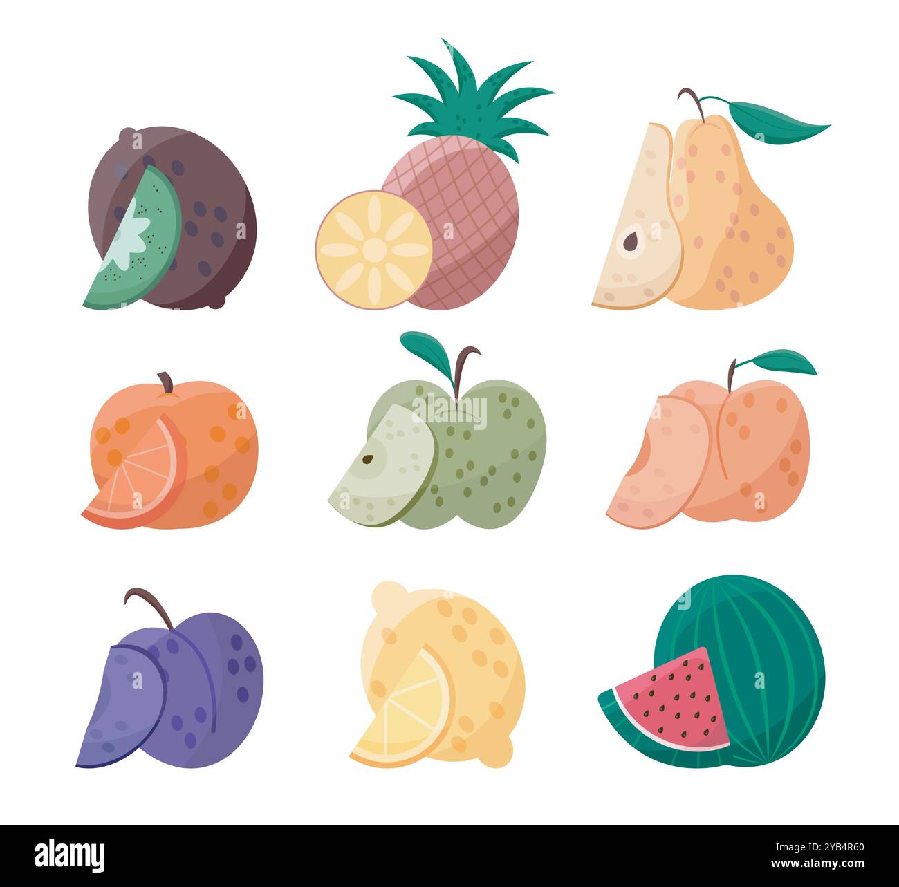 Sliced fruits set. Chopped watermelon, ananas, kiwi, orange and apple ...