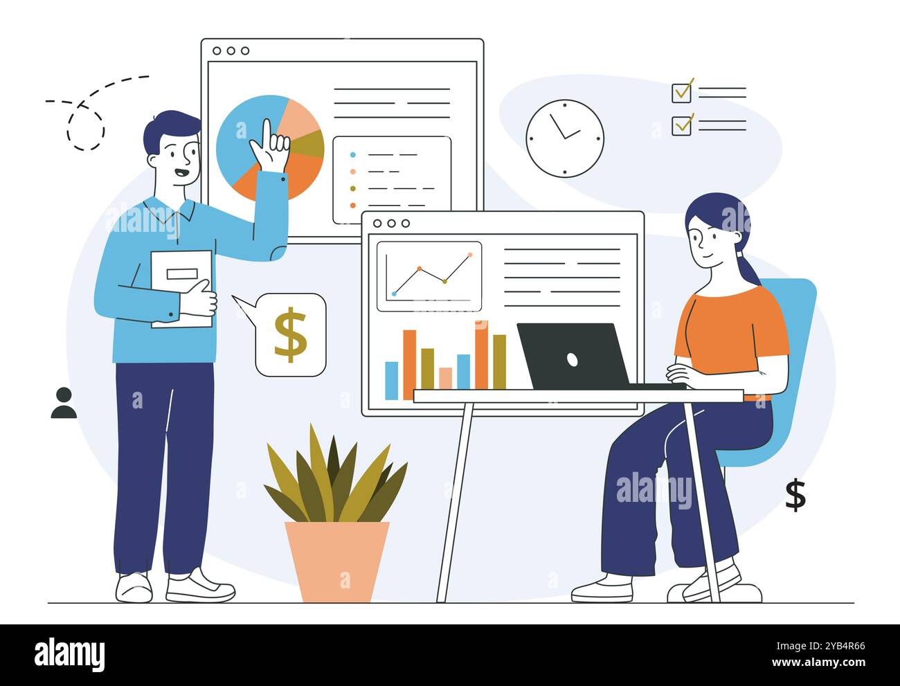 Business team planning project. Man and woman with graphs and diagrams ...
